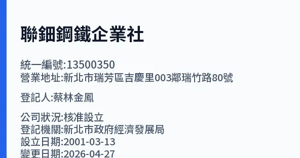 聯鈿鋼鐵企業社的照片-統編 13500350(新北市) 公司登記資料與營業項目詳細圖表