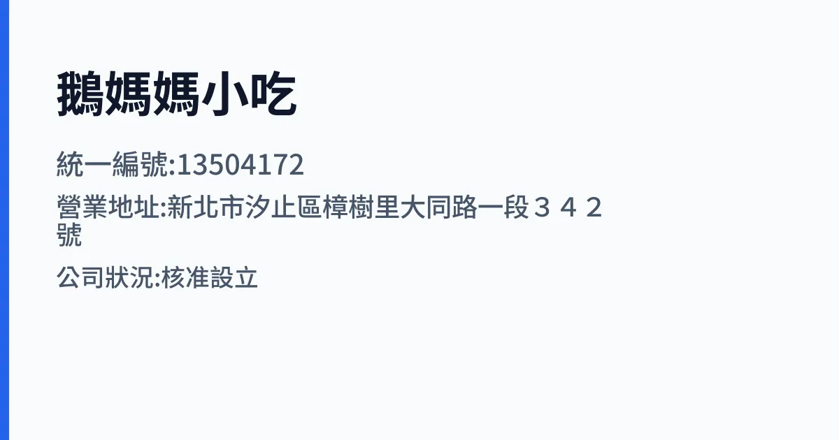 鵝媽媽小吃 - 統編 13504172(新北市) 公司登記資料與營業項目詳細圖表