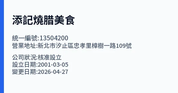 添記燒腊美食的照片-統編 13504200(新北市) 公司登記資料與營業項目詳細圖表