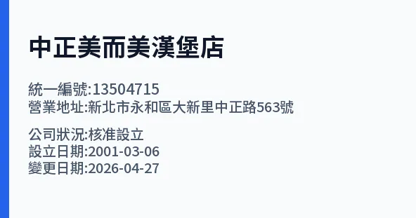 中正美而美漢堡店的照片-統編 13504715(新北市) 公司登記資料與營業項目詳細圖表