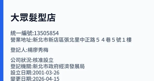 大眾髮型店的照片-統編 13505854(新北市) 公司登記資料與營業項目詳細圖表