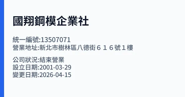 國翔鋼模企業社的照片-統編 13507071(新北市) 公司登記資料與營業項目詳細圖表