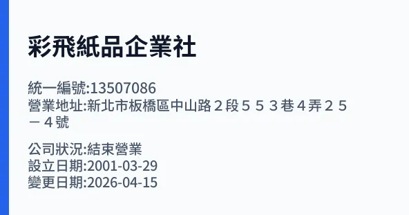 彩飛紙品企業社的照片-統編 13507086(新北市) 公司登記資料與營業項目詳細圖表
