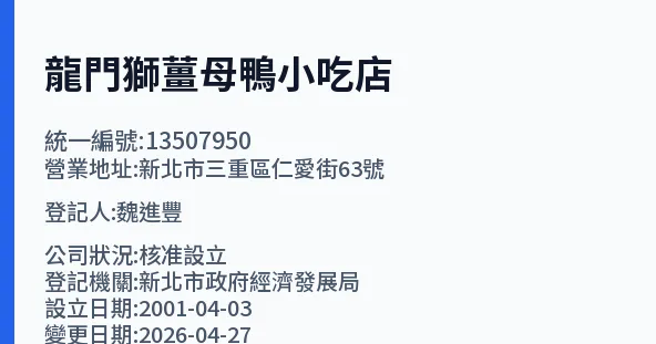 龍門獅薑母鴨小吃店的照片-統編 13507950(新北市) 公司登記資料與營業項目詳細圖表