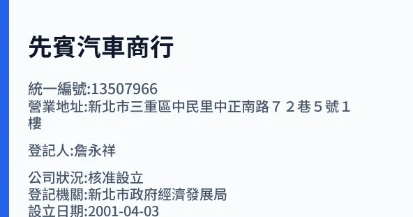 先賓汽車商行的照片-統編 13507966(新北市) 公司登記資料與營業項目詳細圖表