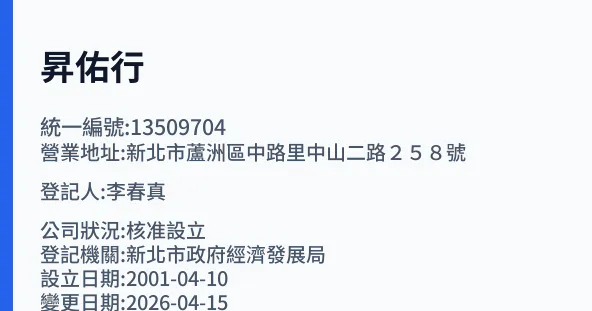 昇佑行的照片-統編 13509704(新北市) 公司登記資料與營業項目詳細圖表