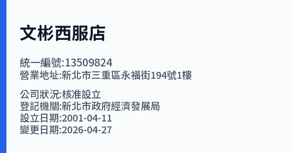 文彬西服店的照片-統編 13509824(新北市) 公司登記資料與營業項目詳細圖表