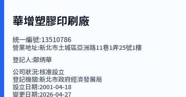 華增塑膠印刷廠的照片-統編 13510786(新北市) 公司登記資料與營業項目詳細圖表