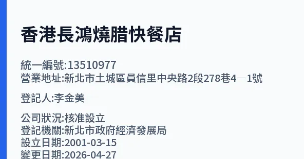 香港長鴻燒腊快餐店的照片-統編 13510977(新北市) 公司登記資料與營業項目詳細圖表
