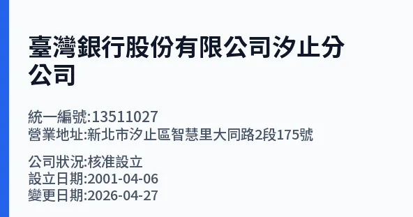 臺灣銀行股份有限公司汐止分公司的照片-統編 13511027(新北市) 公司登記資料與營業項目詳細圖表