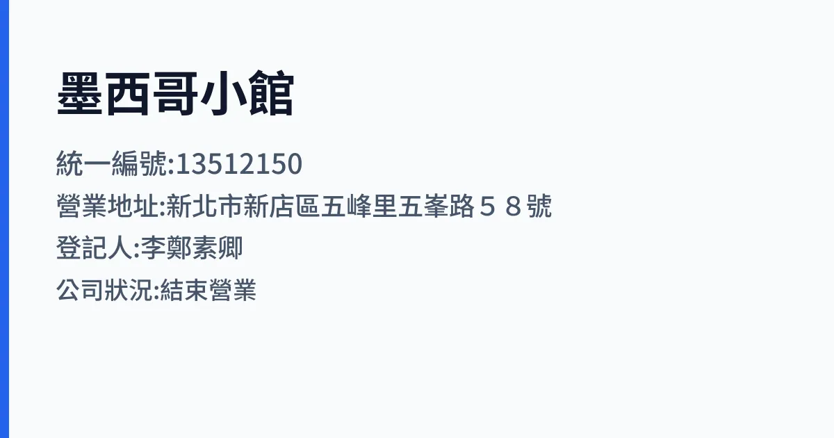 墨西哥小館 - 統編 13512150(新北市) 公司登記資料與營業項目詳細圖表
