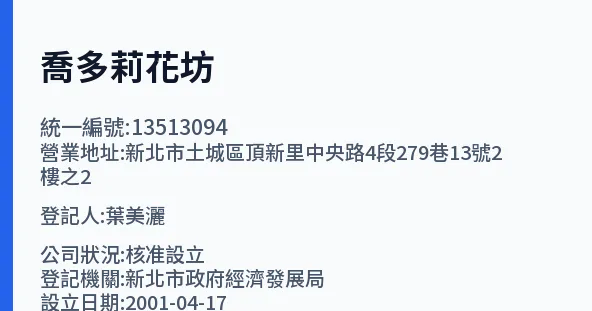 喬多莉花坊的照片-統編 13513094(新北市) 公司登記資料與營業項目詳細圖表