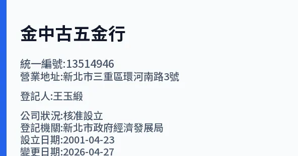 金中古五金行的照片-統編 13514946(新北市) 公司登記資料與營業項目詳細圖表