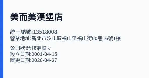 美而美漢堡店的照片-統編 13518008(新北市) 公司登記資料與營業項目詳細圖表