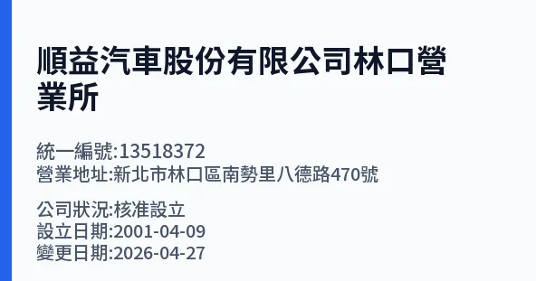 順益汽車股份有限公司林口營業所的照片-統編 13518372(新北市) 公司登記資料與營業項目詳細圖表