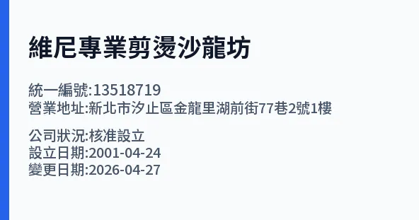 維尼專業剪燙沙龍坊的照片-統編 13518719(新北市) 公司登記資料與營業項目詳細圖表