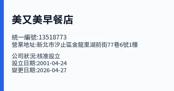 美又美早餐店的照片-統編 13518773(新北市) 公司登記資料與營業項目詳細圖表