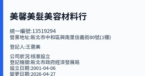 美馨美髮美容材料行的照片-統編 13519294(新北市) 公司登記資料與營業項目詳細圖表