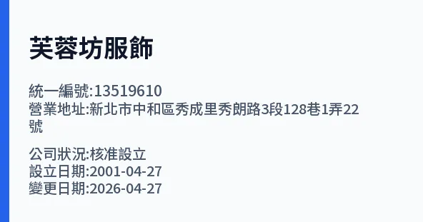 芙蓉坊服飾的照片-統編 13519610(新北市) 公司登記資料與營業項目詳細圖表