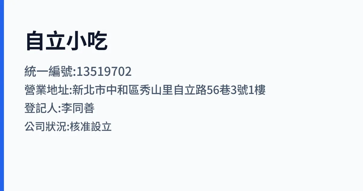 自立小吃 - 統編 13519702(新北市) 公司登記資料與營業項目詳細圖表