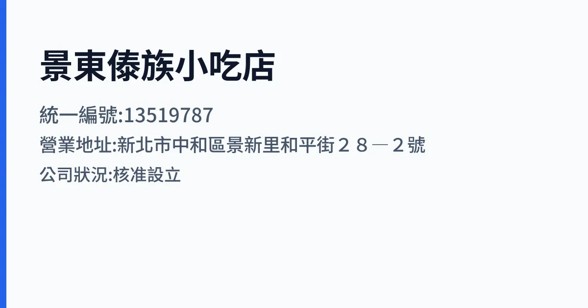 景東傣族小吃店 - 統編 13519787(新北市) 公司登記資料與營業項目詳細圖表