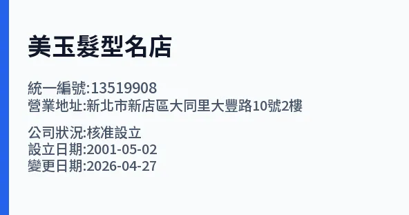 美玉髮型名店的照片-統編 13519908(新北市) 公司登記資料與營業項目詳細圖表