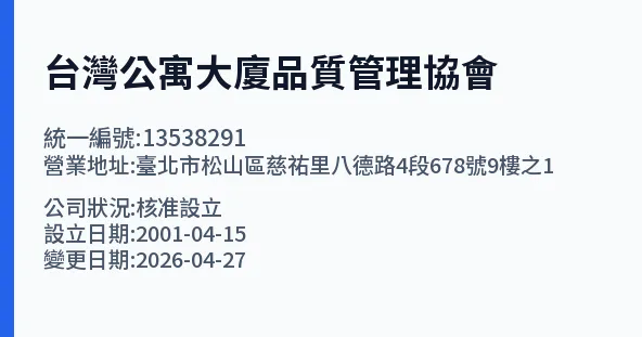 台灣公寓大廈品質管理協會的照片-統編 13538291(臺北市) 公司登記資料與營業項目詳細圖表