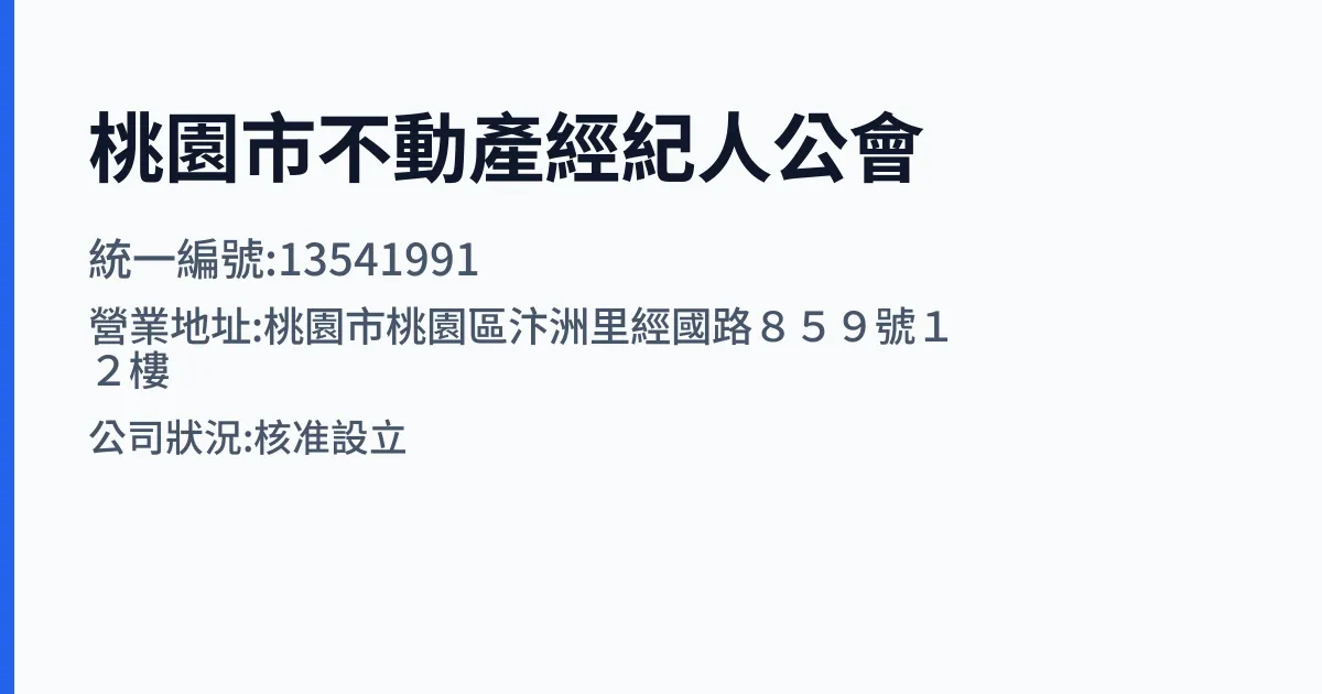 桃園市不動產經紀人公會 - 統編 13541991(桃園市) 公司登記資料與營業項目詳細圖表