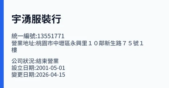 宇湧服裝行的照片-統編 13551771(桃園市) 公司登記資料與營業項目詳細圖表