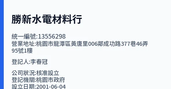 勝新水電材料行的照片-統編 13556298(桃園市) 公司登記資料與營業項目詳細圖表
