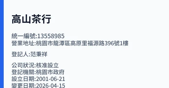 高山茶行的照片-統編 13558985(桃園市) 公司登記資料與營業項目詳細圖表