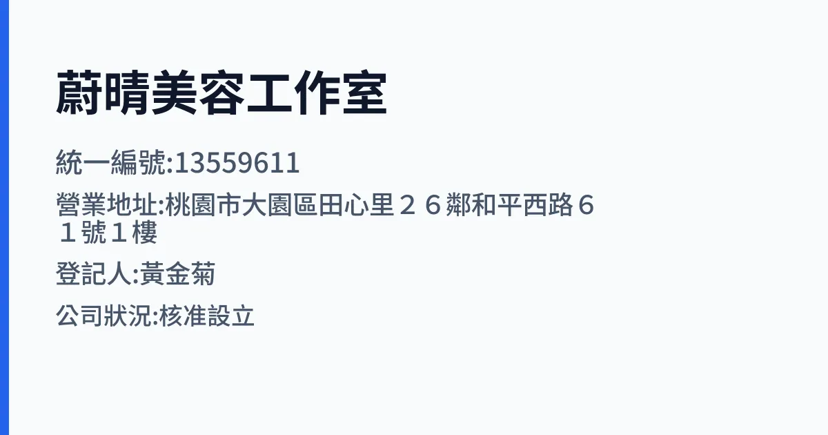 蔚晴美容工作室 - 統編 13559611(桃園市) 公司登記資料與營業項目詳細圖表