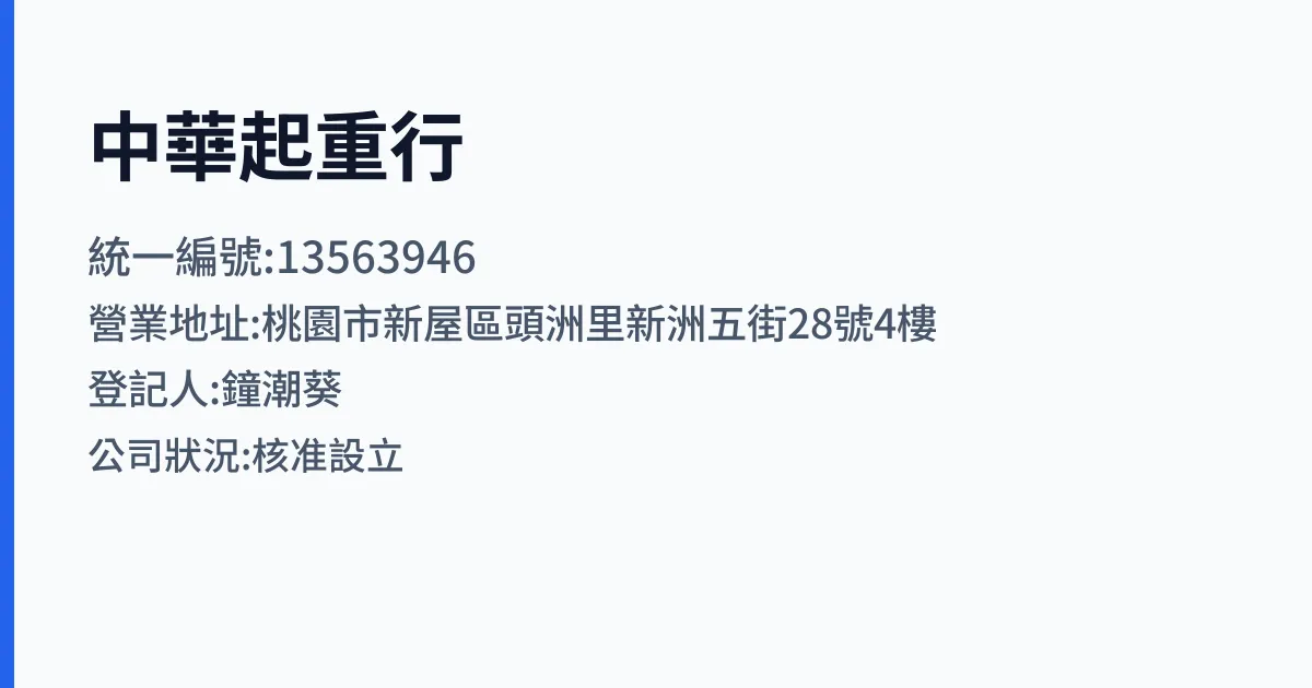 中華起重行 - 統編 13563946(桃園市) 公司登記資料與營業項目詳細圖表