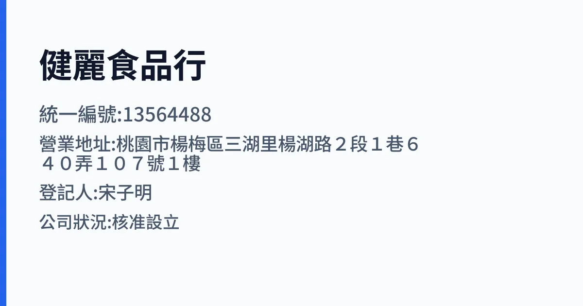 健麗食品行 - 統編 13564488(桃園市) 公司登記資料與營業項目詳細圖表