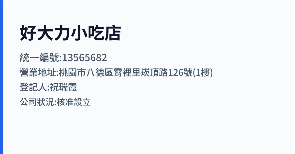 好大力小吃店 - 統編 13565682(桃園市) 公司登記資料與營業項目詳細圖表