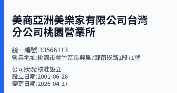 美商亞洲美樂家有限公司台灣分公司桃園營業所的照片-統編 13566113(桃園市) 公司登記資料與營業項目詳細圖表