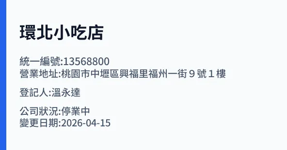 環北小吃店的照片-統編 13568800(桃園市) 公司登記資料與營業項目詳細圖表