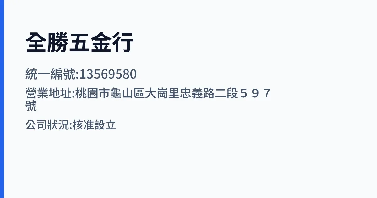 全勝五金行 - 統編 13569580(桃園市) 公司登記資料與營業項目詳細圖表