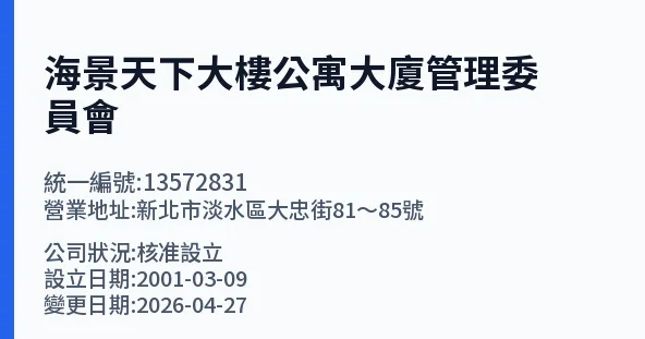海景天下大樓公寓大廈管理委員會的照片-統編 13572831(新北市) 公司登記資料與營業項目詳細圖表