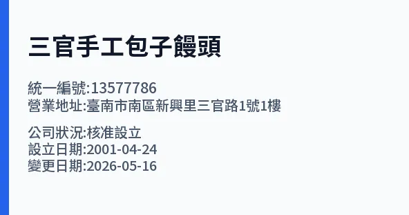 三官手工包子饅頭的照片-統編 13577786(臺南市) 公司登記資料與營業項目詳細圖表