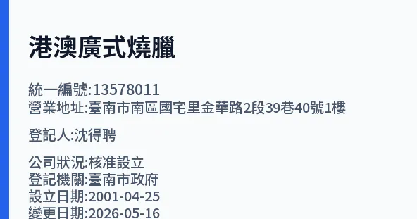 港澳廣式燒臘的照片-統編 13578011(臺南市) 公司登記資料與營業項目詳細圖表