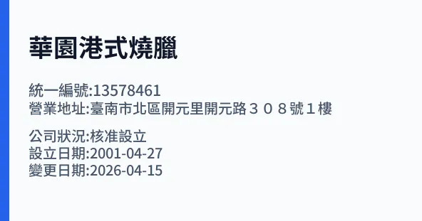 華園港式燒臘的照片-統編 13578461(臺南市) 公司登記資料與營業項目詳細圖表
