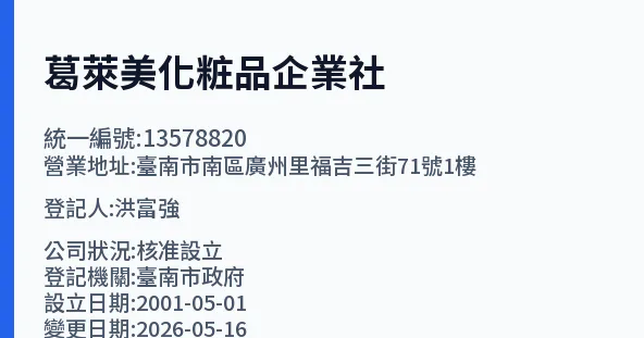 葛萊美化粧品企業社的照片-統編 13578820(臺南市) 公司登記資料與營業項目詳細圖表