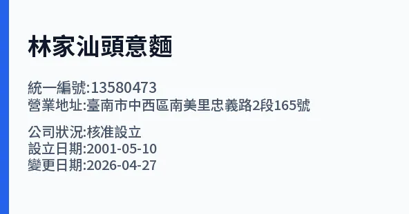 林家汕頭意麵的照片-統編 13580473(臺南市) 公司登記資料與營業項目詳細圖表