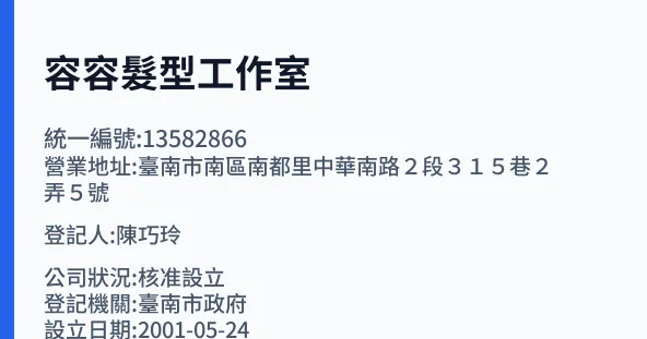容容髮型工作室的照片-統編 13582866(臺南市) 公司登記資料與營業項目詳細圖表