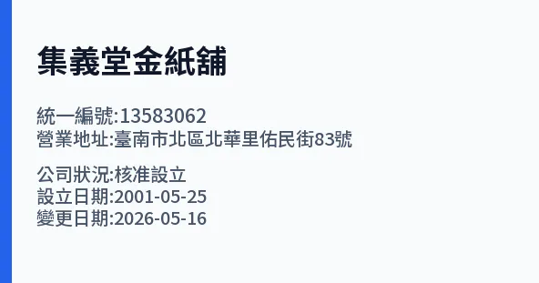 集義堂金紙舖的照片-統編 13583062(臺南市) 公司登記資料與營業項目詳細圖表