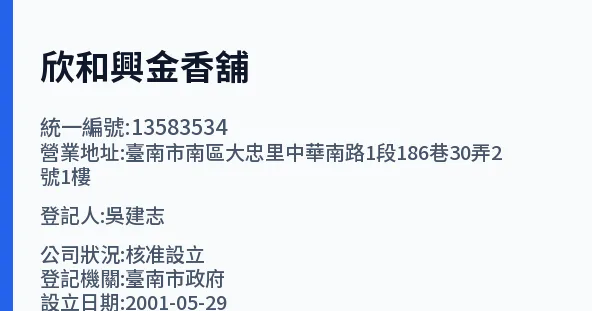 欣和興金香舖的照片-統編 13583534(臺南市) 公司登記資料與營業項目詳細圖表