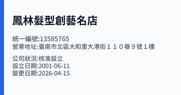鳳林髮型創藝名店的照片-統編 13585765(臺南市) 公司登記資料與營業項目詳細圖表