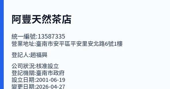 阿豐天然茶店的照片-統編 13587335(臺南市) 公司登記資料與營業項目詳細圖表