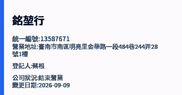 銘堃行的照片-統編 13587671(臺南市) 公司登記資料與營業項目詳細圖表